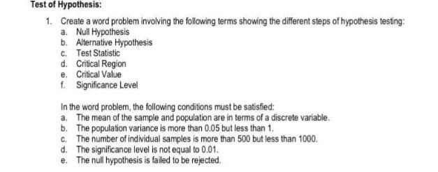 Solved Test of Hypothesis: 1. Create a word problem | Chegg.com