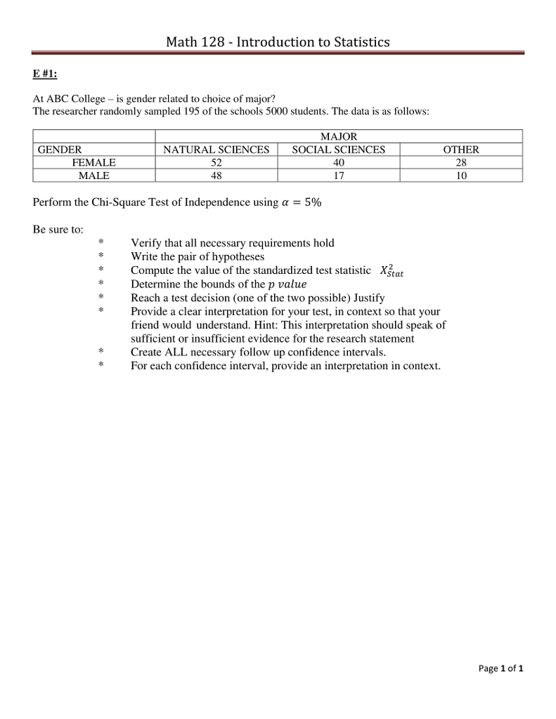 Solved Math 128 - Introduction to Statistics E #1: At ABC | Chegg.com