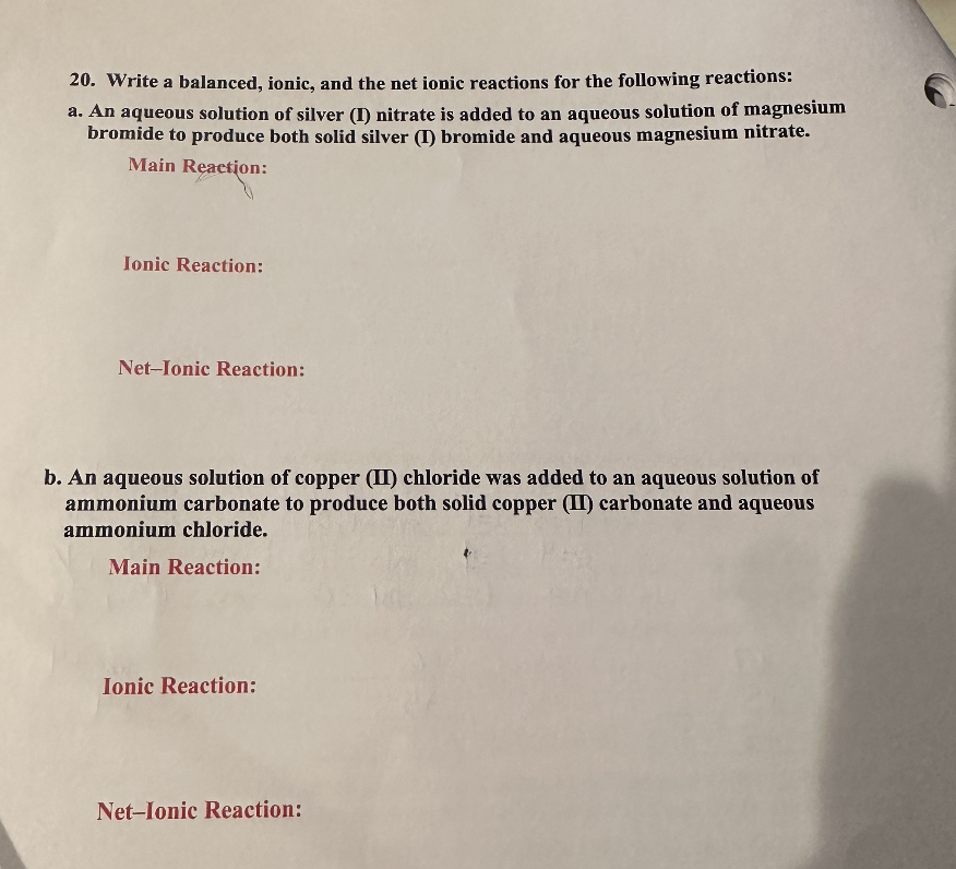 Solved 20 Write A Balanced Ionic And The Net Ionic 