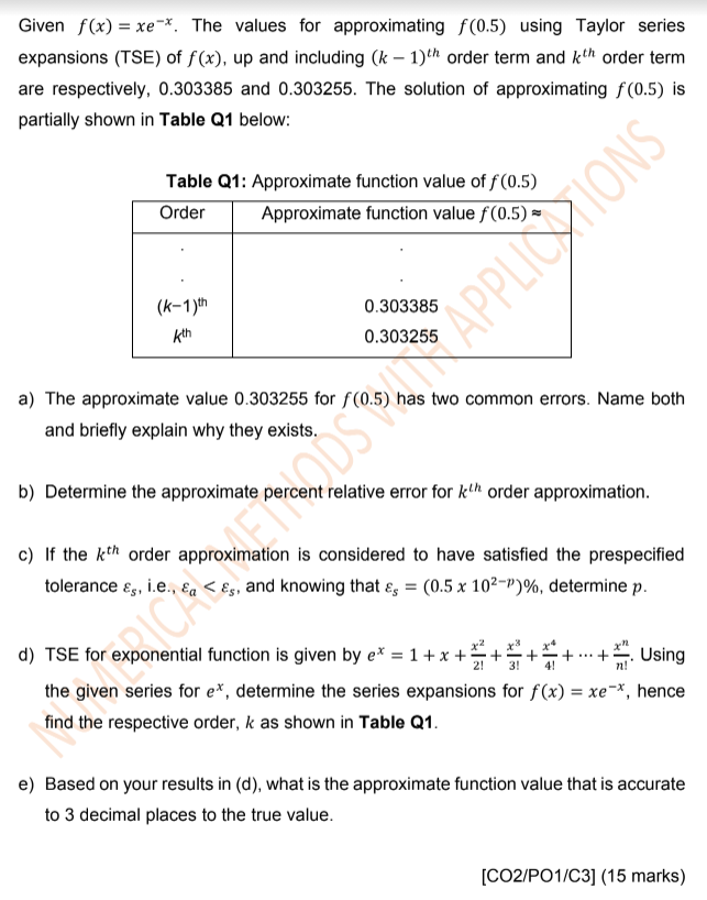 Solved Given f(x) = xe-*. The values for approximating | Chegg.com