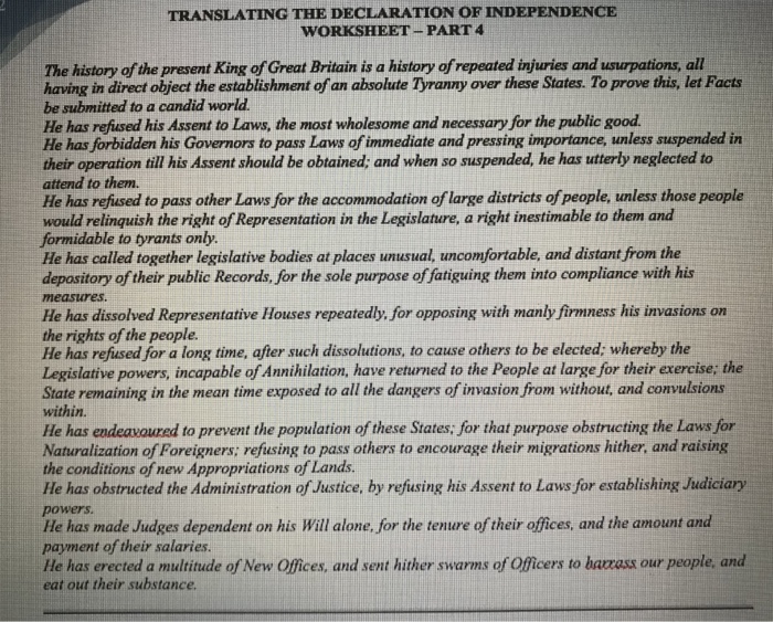 TRANSLATING THE DECLARATION OF INDEPENDENCE | Chegg.com