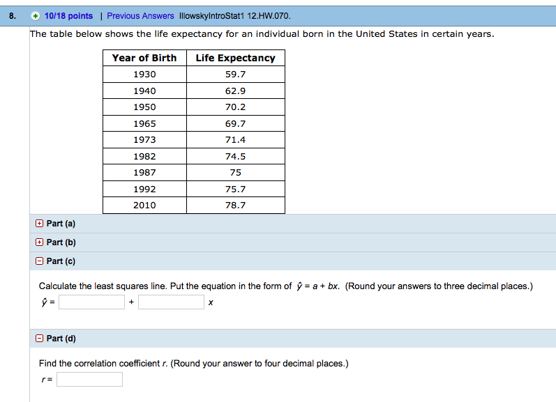 Solved 8. 10/18 points | Previous Answers IllowskylntroStat1 | Chegg.com