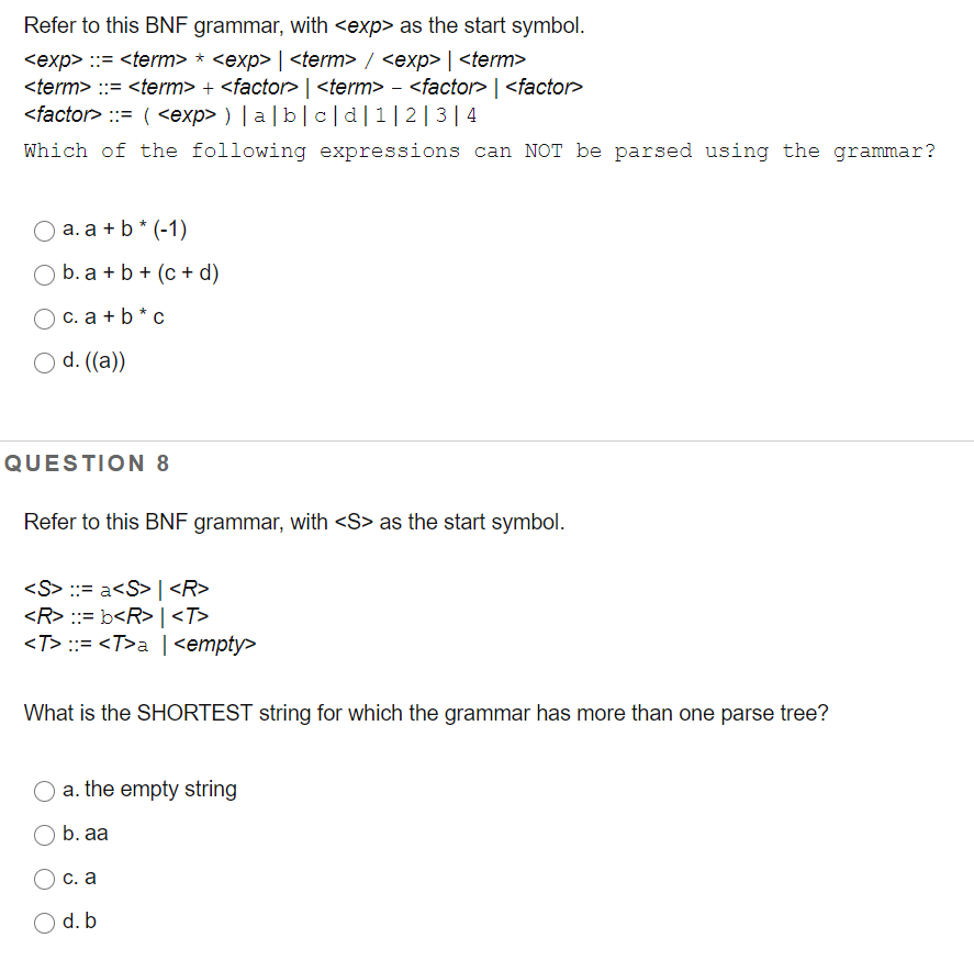 Solved Refer to this BNF grammar, with as the start symbol. | Chegg.com
