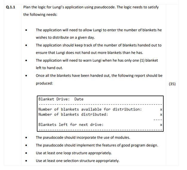 Solved Q.1.1 Plan the logic for Lungi's application using | Chegg.com