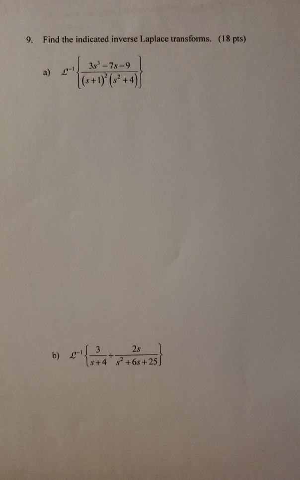 Solved 9. Find the indicated inverse Laplace transforms. (18 | Chegg.com