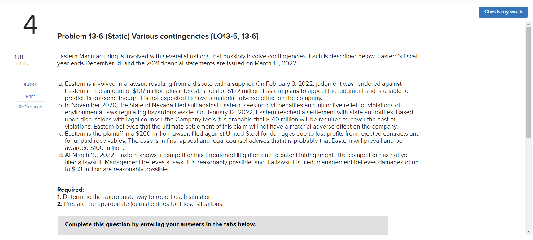 Solved Problem 13-6 (Static) Various contingencies [LO13-5, | Chegg.com