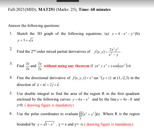 Solved Fall-2021(MID), MAT250 (Marks: 25), Time: 60 minutes | Chegg.com