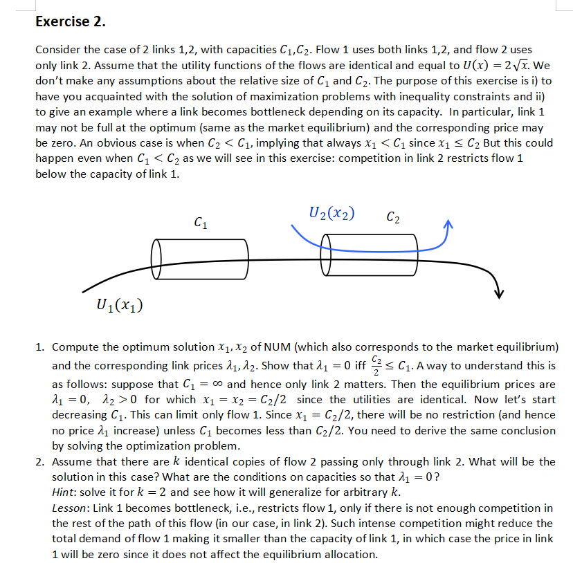 Consider the case of 2 links 1,2 , with capacities | Chegg.com
