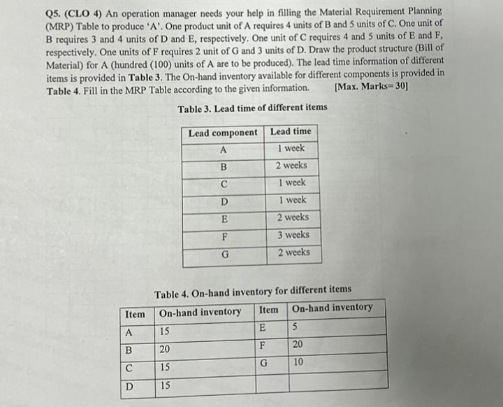 Solved Q5. (CLO 4) An operation manager needs your help in | Chegg.com