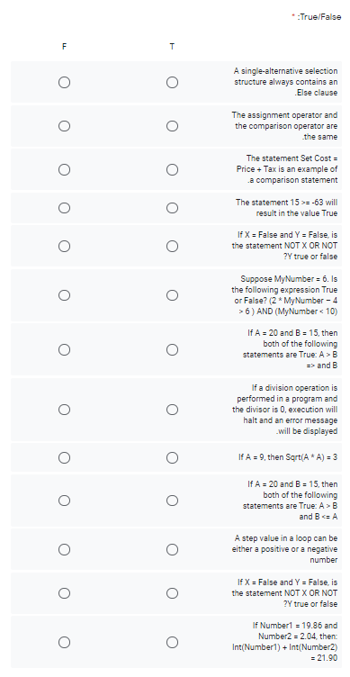 Solved True/False F T A single-alternative selection | Chegg.com