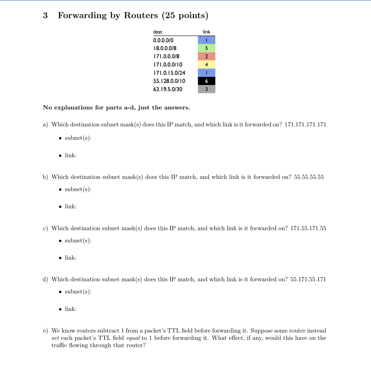 Solved 3 Forwarding by Routers (25 points) No explanations | Chegg.com