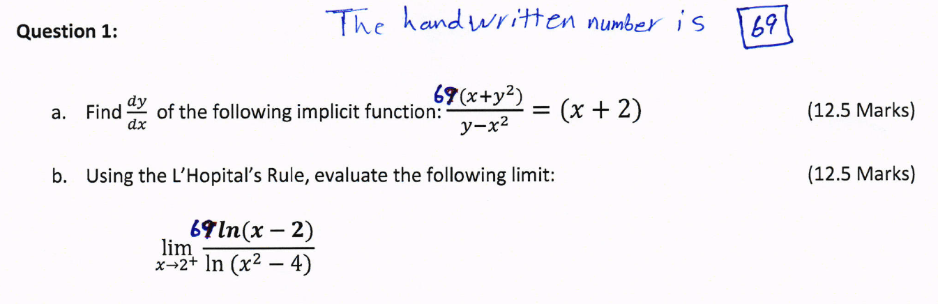Solved The handwritten number is Question 1: 69 a. 69 (x+y) | Chegg.com