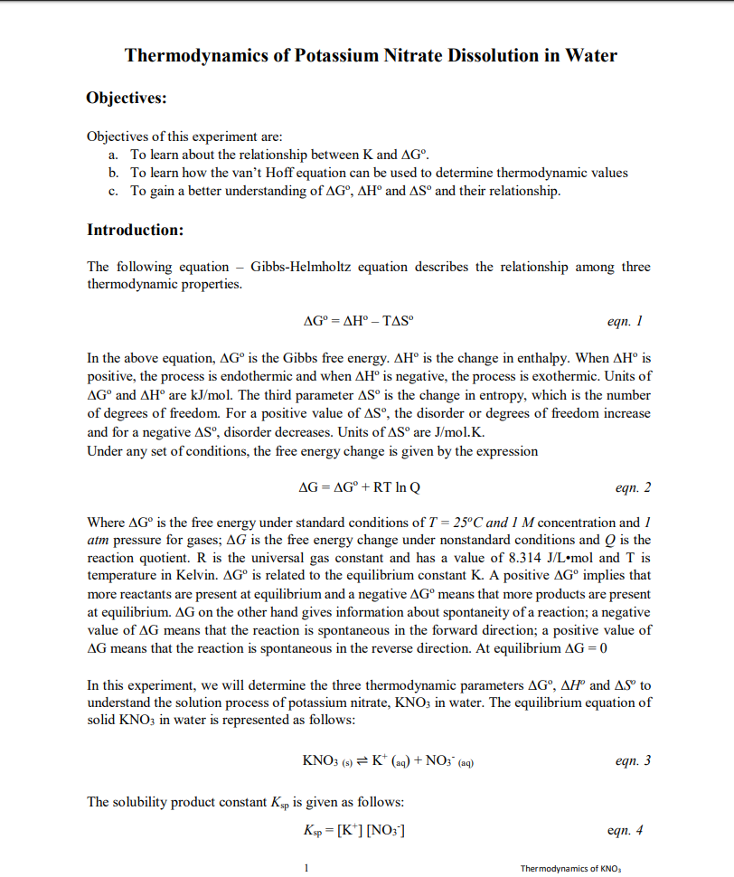 Thermodynamics of Potassium Nitrate Dissolution in | Chegg.com