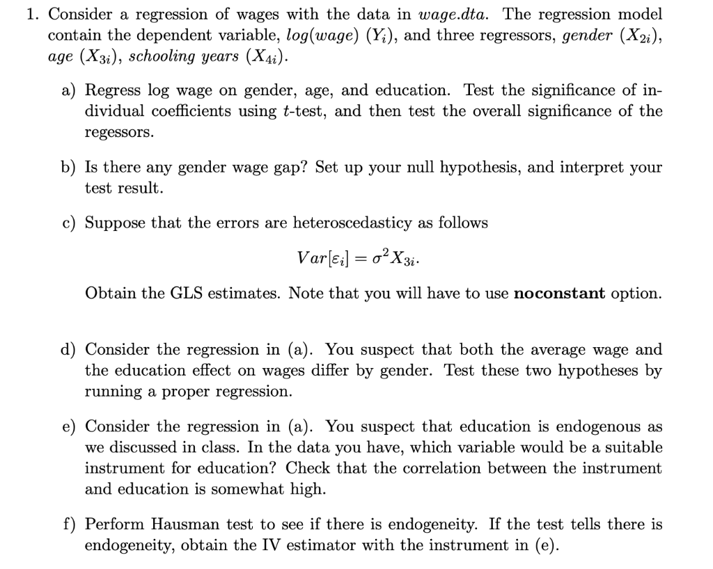 Consider a regression of wages with the data in | Chegg.com