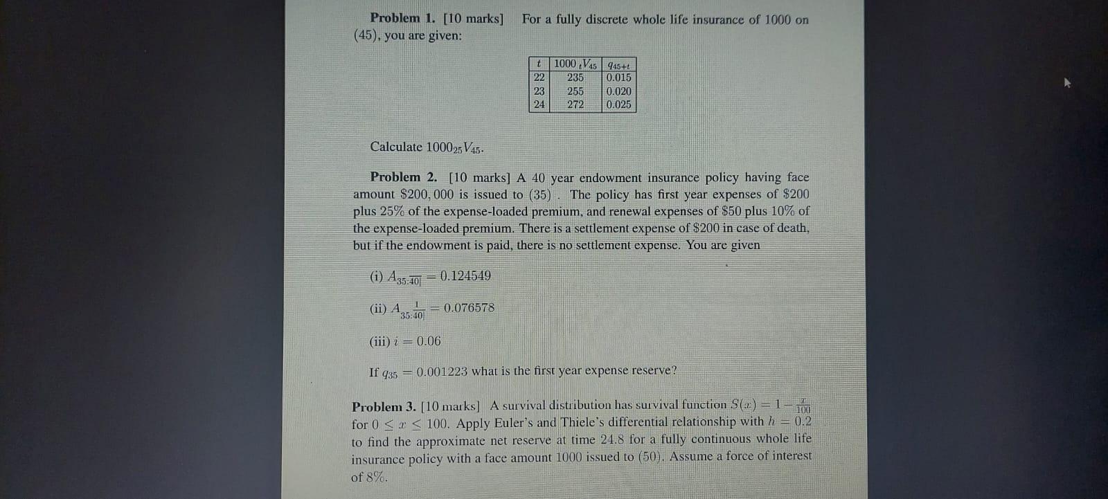 Solved Problem 1. [10 marks] For a fully discrete whole life | Chegg.com