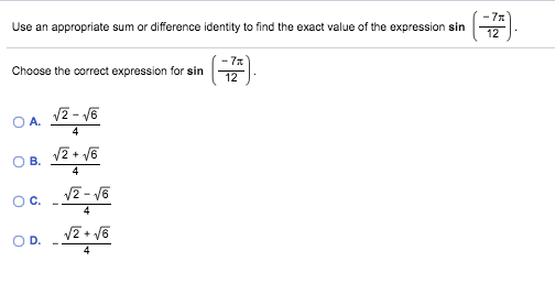 Solved Use an appropriate sum or difference identity to find | Chegg.com
