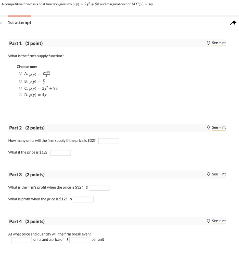 Solved A competitive firm has a cost function given by | Chegg.com