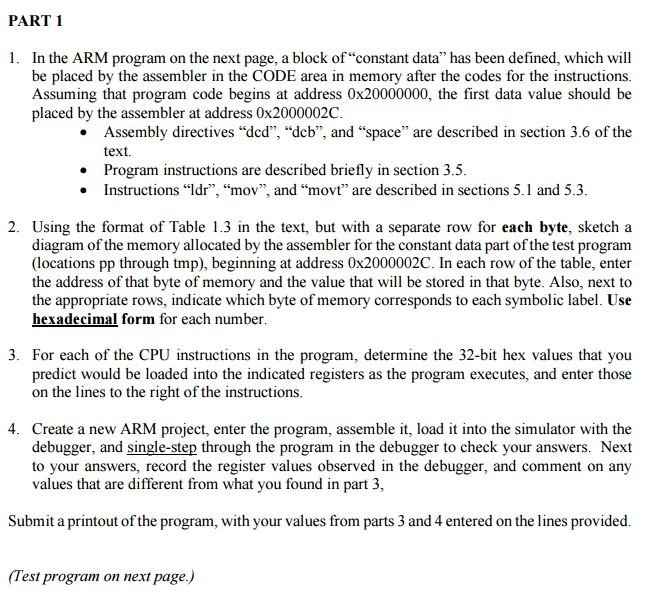 PART 1 1. In the ARM program on the next page, a | Chegg.com