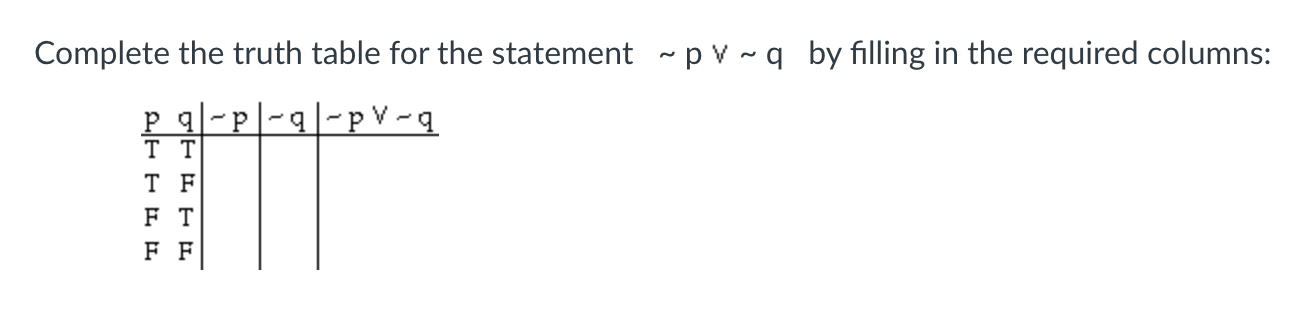 Solved Complete the truth table for the statement ∼p∨∼q by | Chegg.com