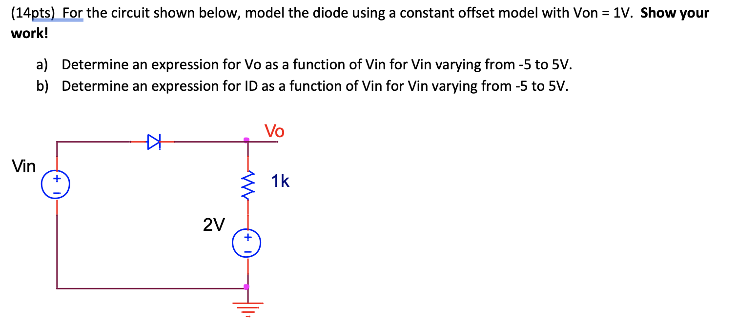 Solved (14pts) For the circuit shown below, model the diode | Chegg.com