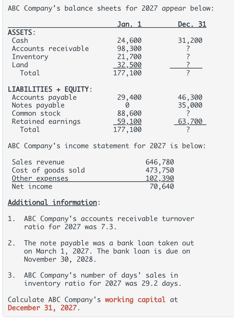 Solved ABC Company's balance sheets for 2027 appear below: | Chegg.com
