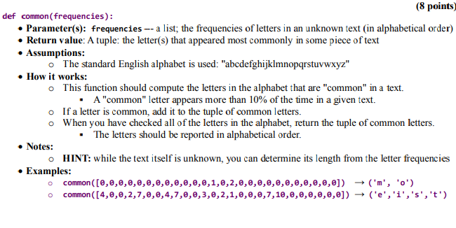 Solved (8 points) def common(frequencies): Parameter(s): | Chegg.com