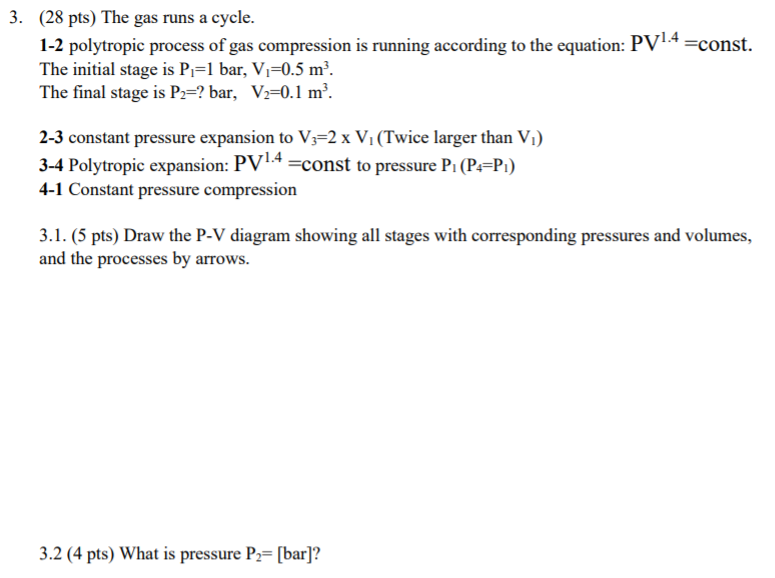 Solved 3. (28 pts) The gas runs a cycle. 1-2 polytropic | Chegg.com