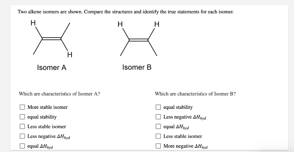 Solved Two alkene isomers are shown. Compare the structures | Chegg.com
