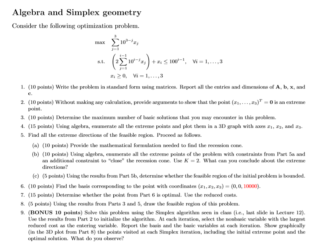 Solved Algebra and Simplex geometry Consider the following | Chegg.com