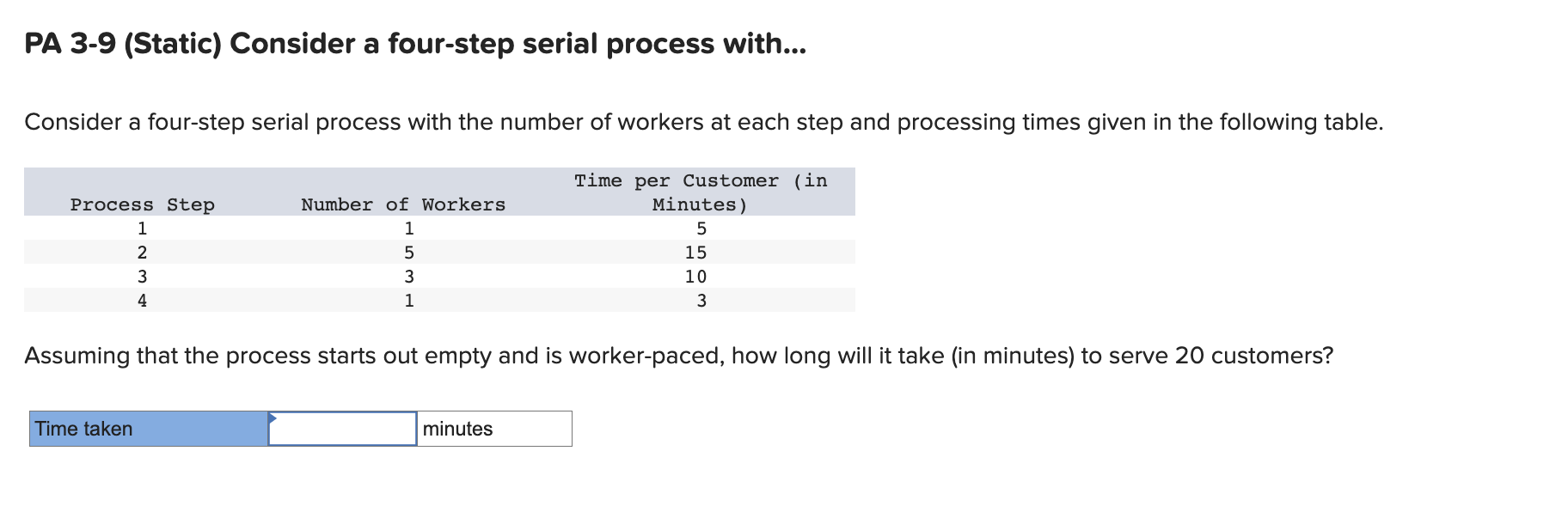 Solved PA 3-9 (Static) Consider a four-step serial process | Chegg.com Solved PA 3-9 (Static) Consider a four-step serial process | Chegg.com