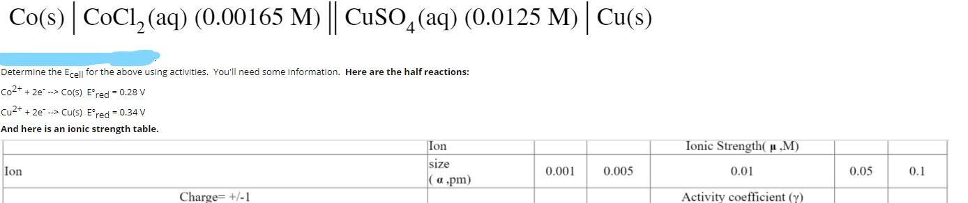 Solved Co(s) CoCl2 (aq) (0.00165 M) || CuSO4 (aq) (0.0125 M) | Chegg.com