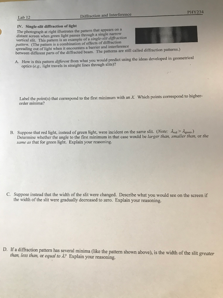 Solved PHY234 Lab 12 Diffraction and Interference IV. | Chegg.com