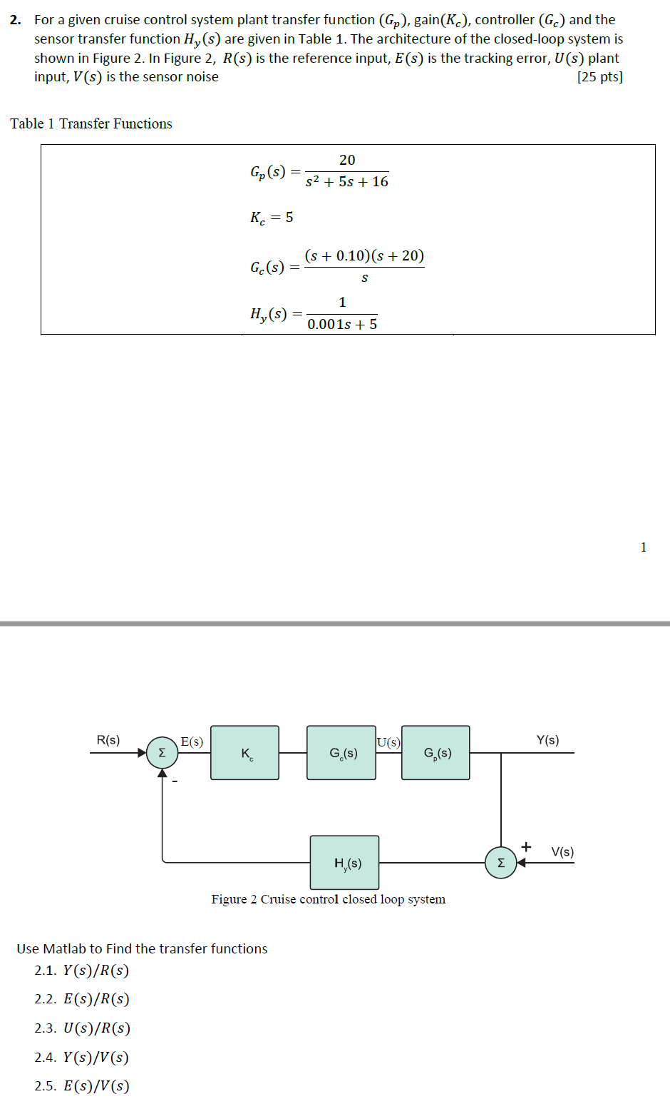 2. For a given cruise control system plant transfer | Chegg.com