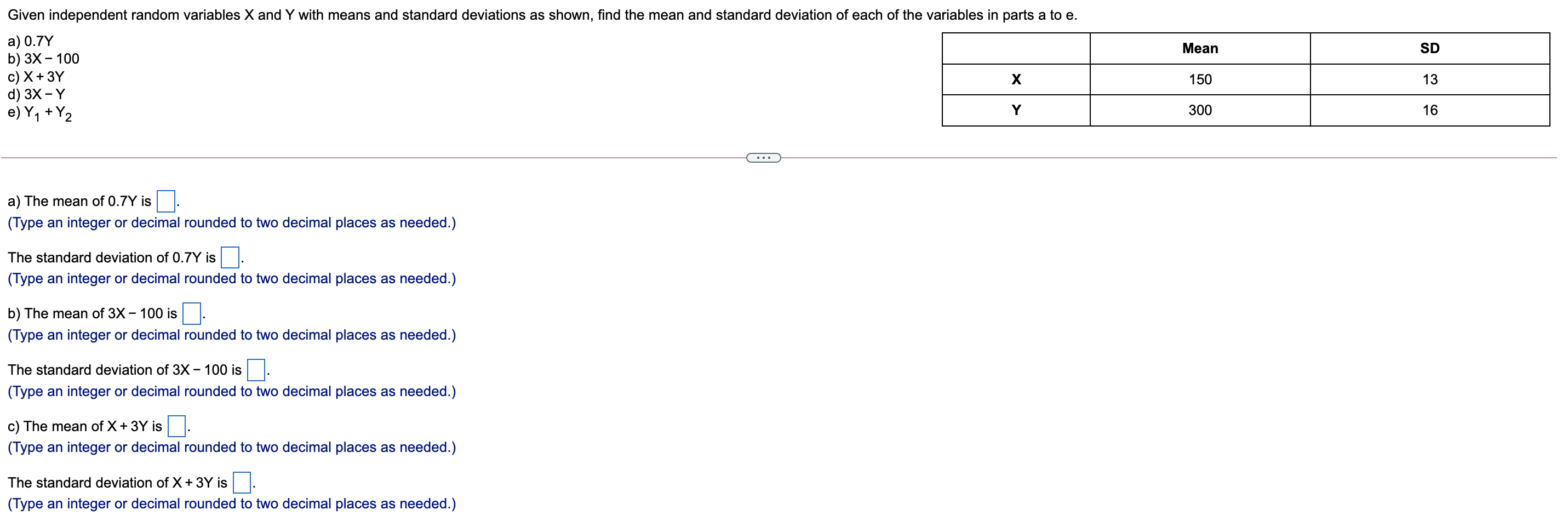 Solved Mean SD Given independent random variables X and Y | Chegg.com