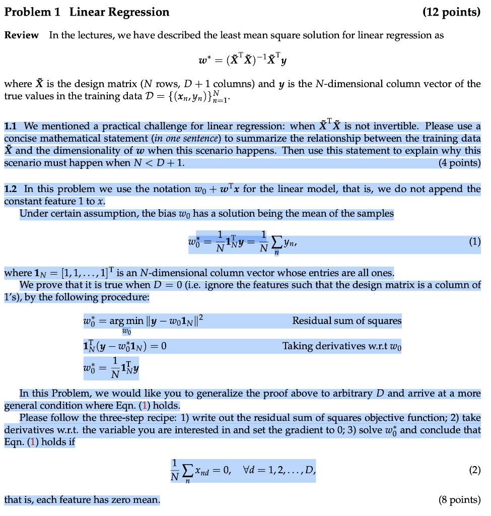 Problem 1 Linear Regression (12 points) Review In the | Chegg.com