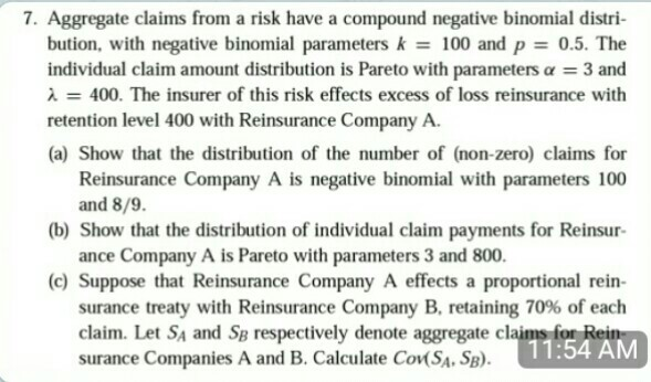 7. Aggregate claims from a risk have a compound | Chegg.com