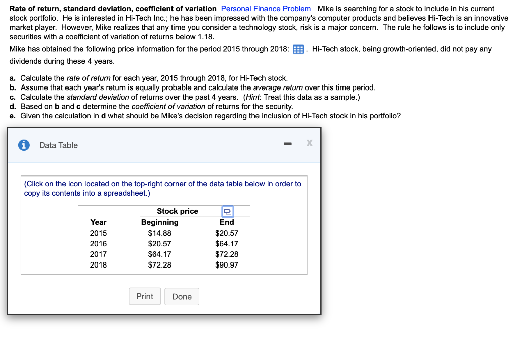Solved Rate of return, standard deviation, coefficient of | Chegg.com