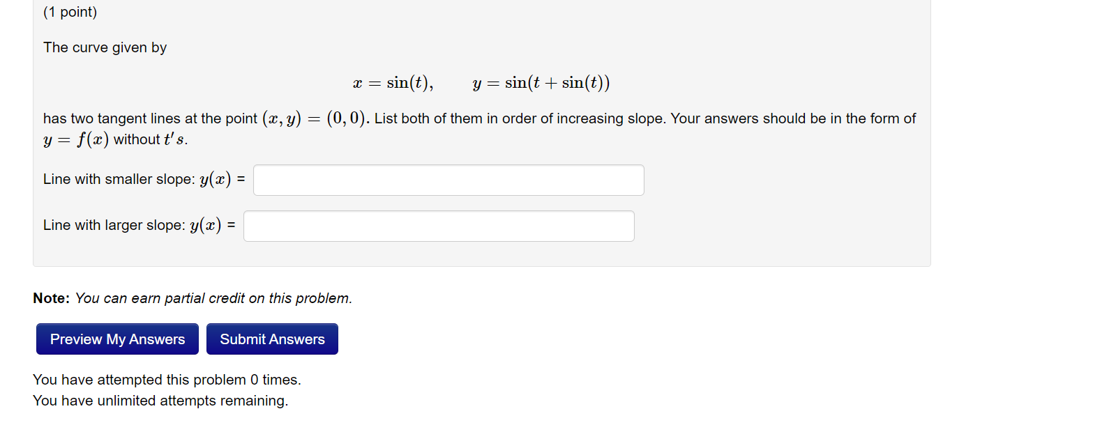 Solved The curve given by x=sin(t),y=sin(t+sin(t)) has two | Chegg.com
