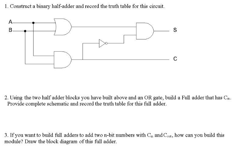 Solved 1. Construct a binary half-adder and record the truth | Chegg.com