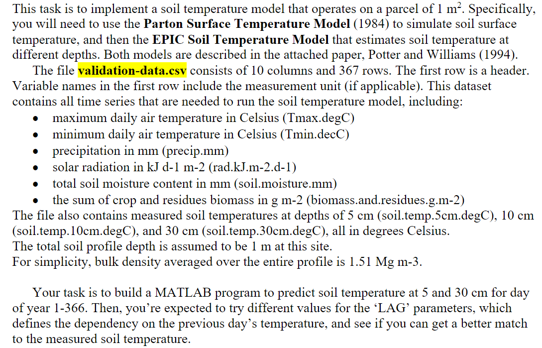 This task is to implement a soil temperature model | Chegg.com