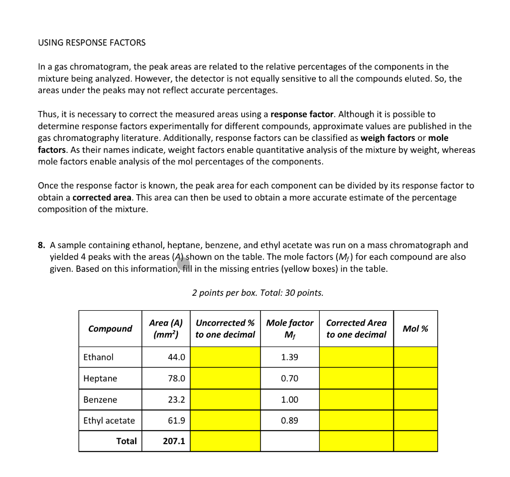 Solved USING RESPONSE FACTORS In a gas chromatogram, the | Chegg.com