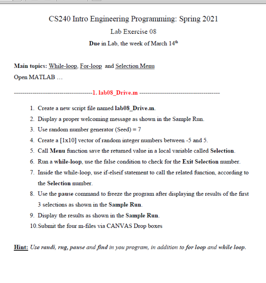Solved CS240 Intro Engineering Programming: Spring 2021 Lab | Chegg.com