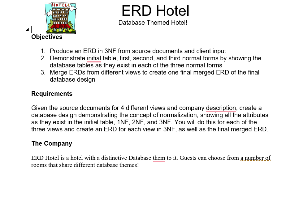 Solved ERD Hotel Database Themed Hotel! Objectives 1. | Chegg.com