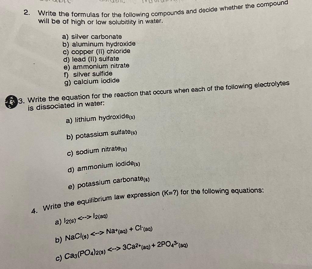 Solved 2. Write the formulas for the following compounds and | Chegg.com