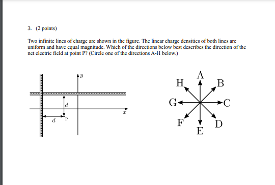 Solved 3. (2 points) Two infinite lines of charge are shown | Chegg.com