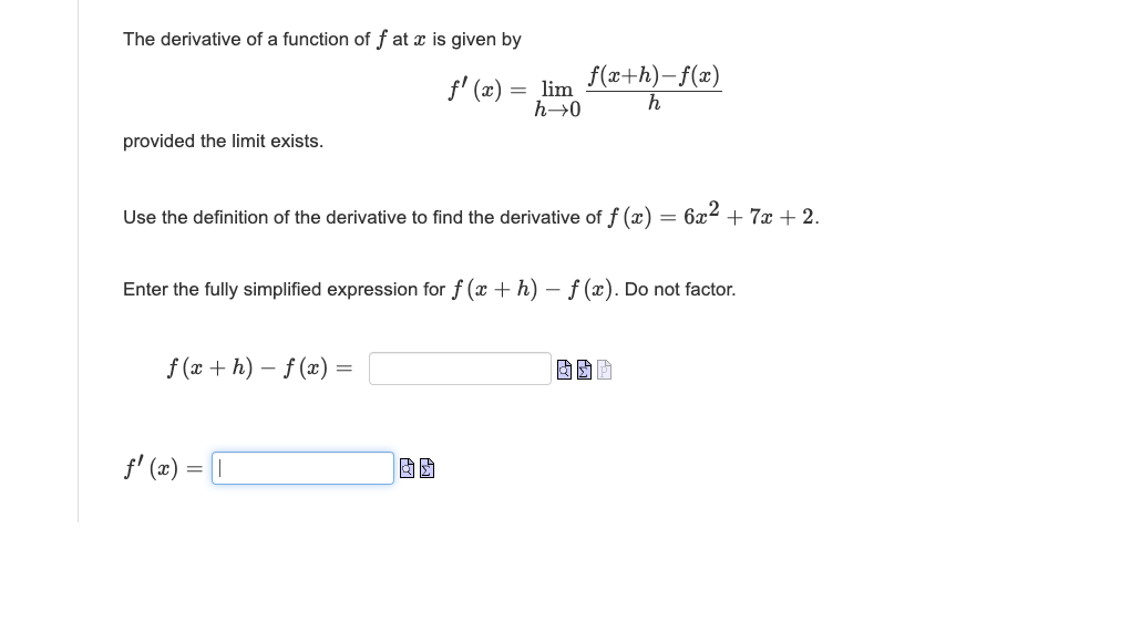 Solved The derivative of a function of f at x is given by | Chegg.com