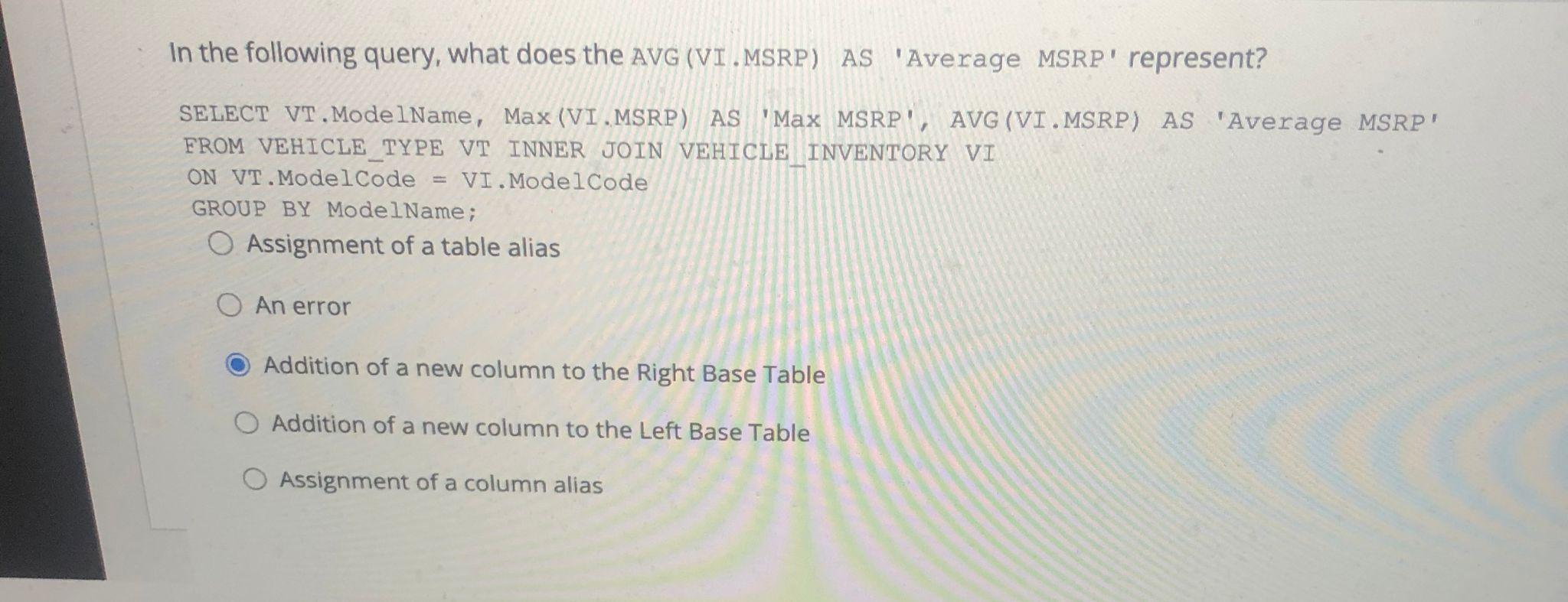 Solved In the following query, what does the AVG (VI.MSRP) | Chegg.com