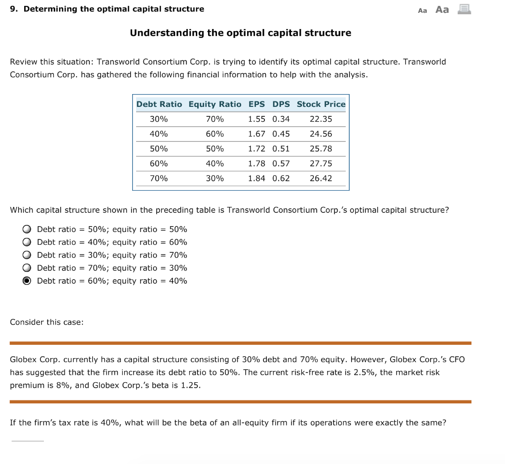 Solved 9. Determining the optimal capital structure Aa Aa | Chegg.com