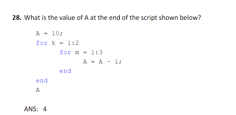 Solved 28. What is the value of A at the end of the script | Chegg.com