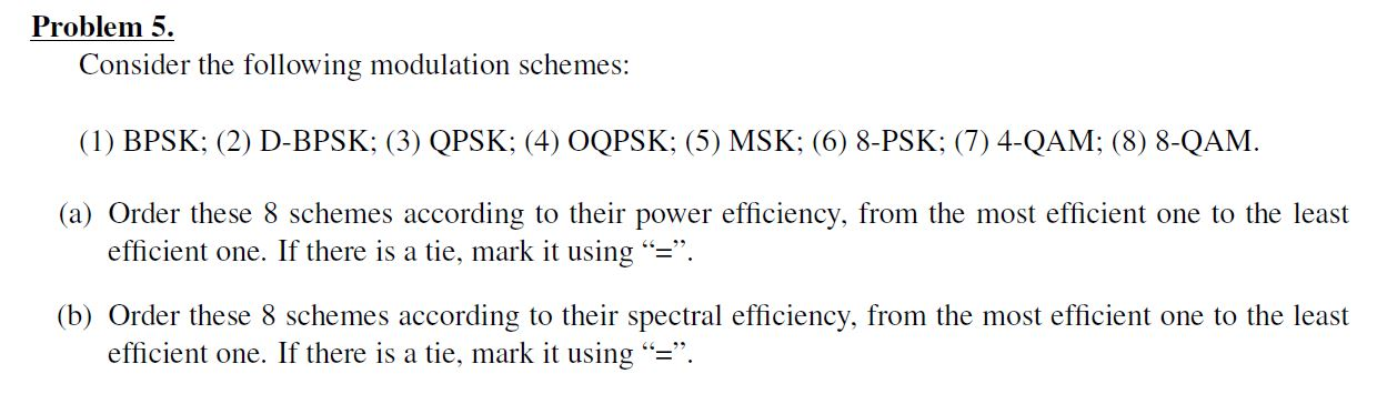 Consider the following modulation schemes: (1) BPSK; | Chegg.com